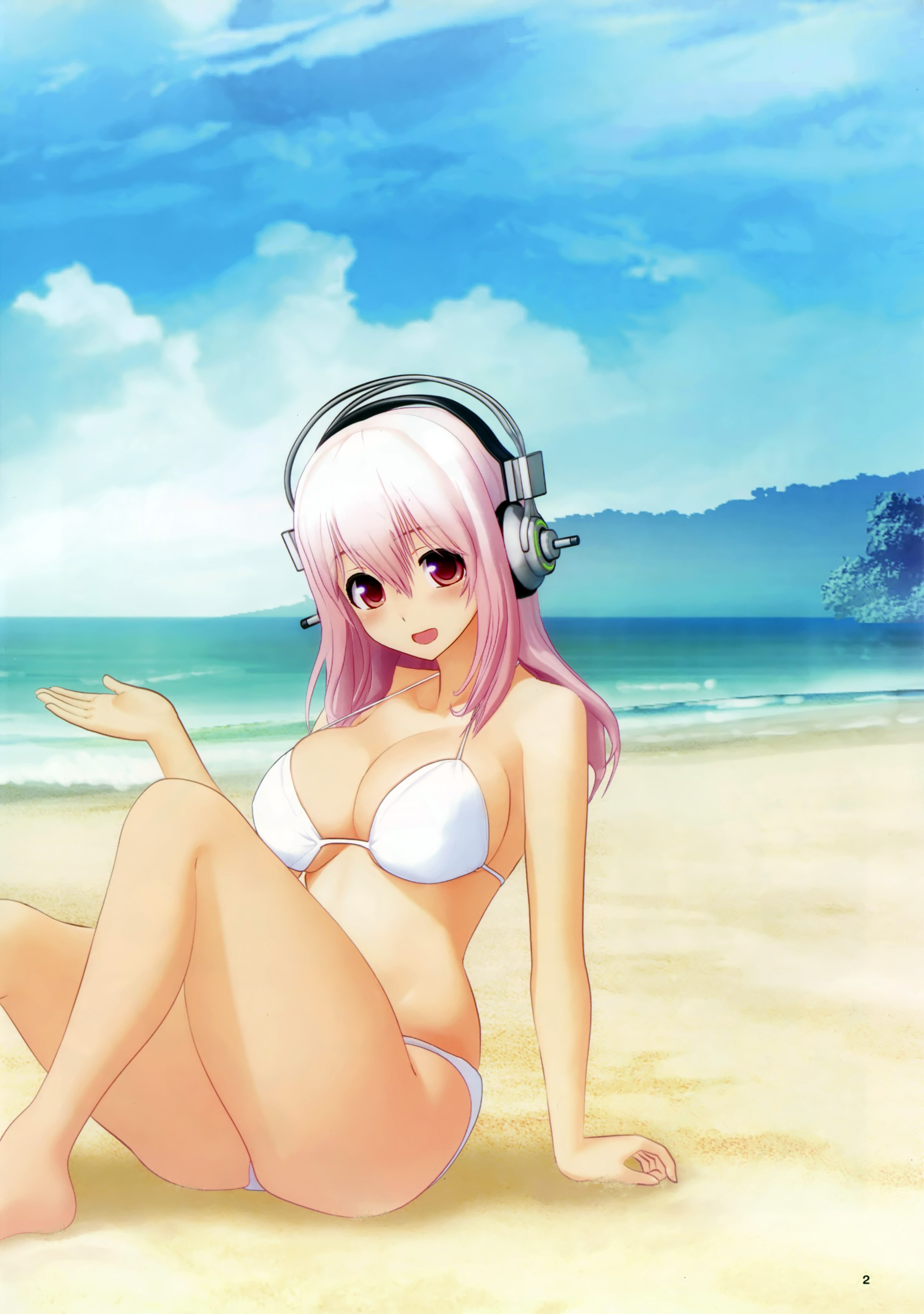 Safebooru - 1girl :d absurdres arm support beach bikini blue sky breasts brown eyes clouds day ...